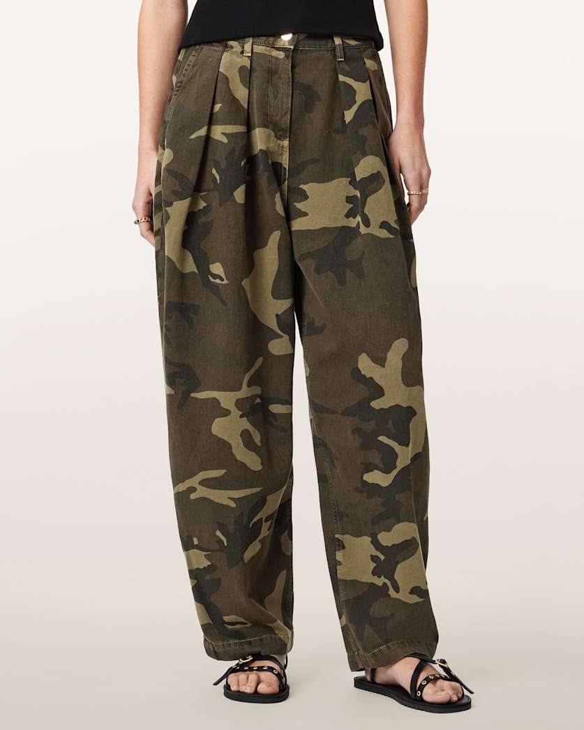 Becca Camo Denim Barrel Leg Trousers CAMO GREEN | ALLSAINTS